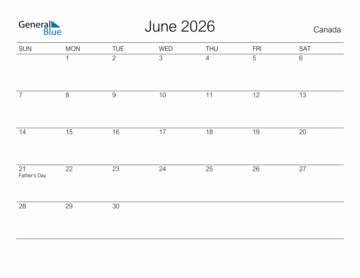 Printable June 2026 Monthly Calendar with Holidays for Canada