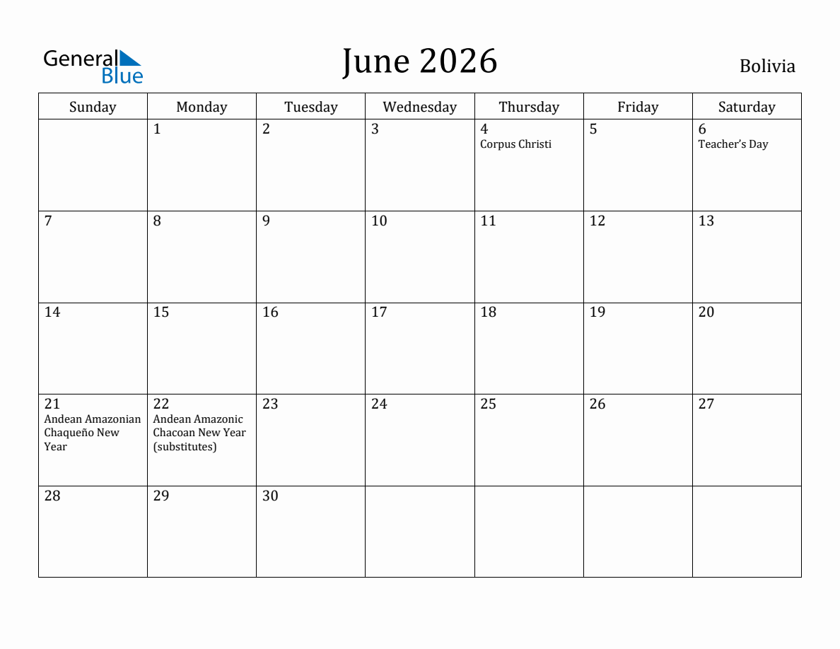 June 2026 Monthly Calendar with Bolivia Holidays