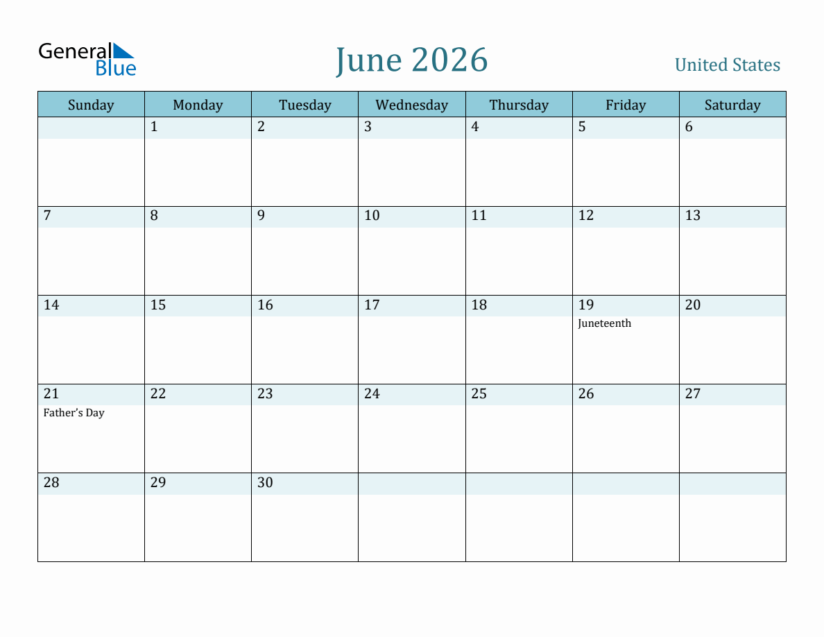United States Holiday Calendar for June 2026