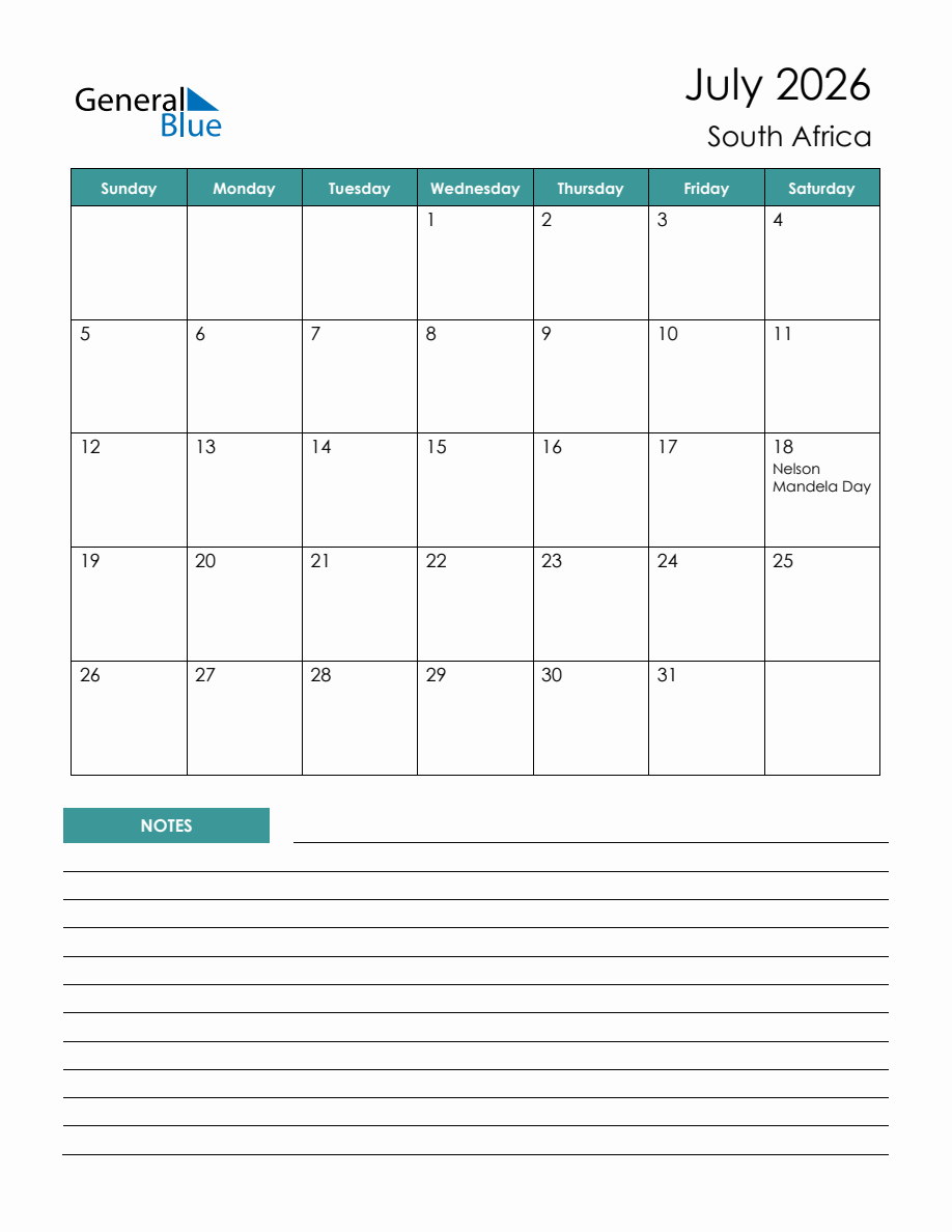 Monthly Planner with South Africa Holidays - July 2026