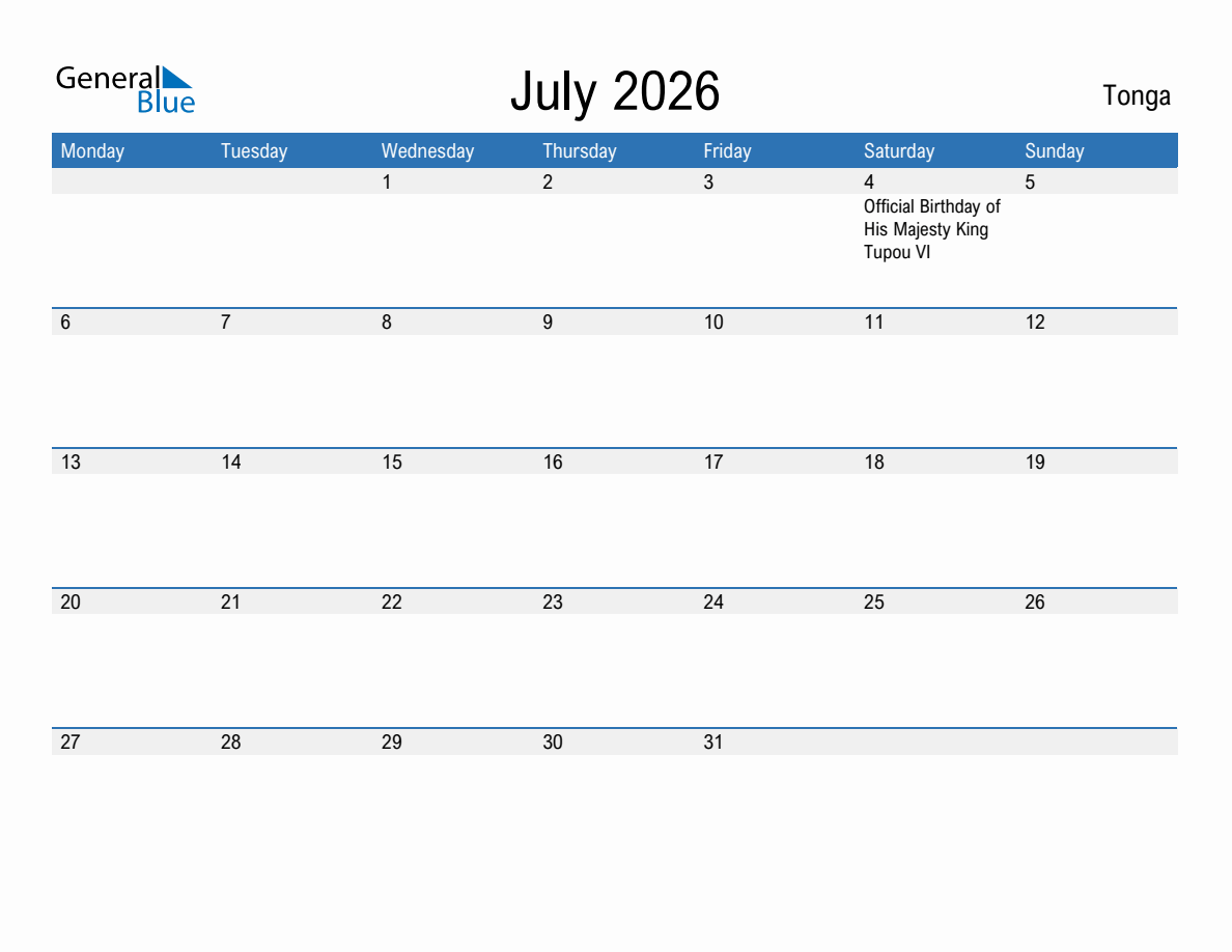 Editable July 2026 Calendar with Tonga Holidays (Monday Start)