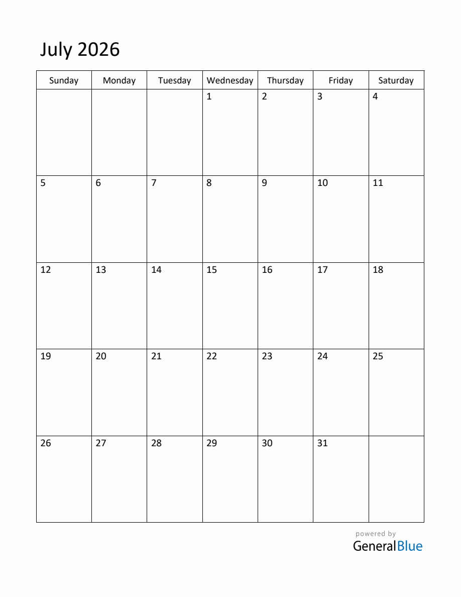Editable July 2026 Monthly Calendar