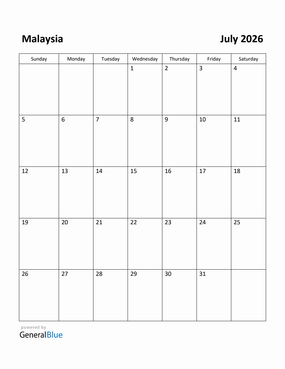 Free Printable July 2026 Calendar for Malaysia