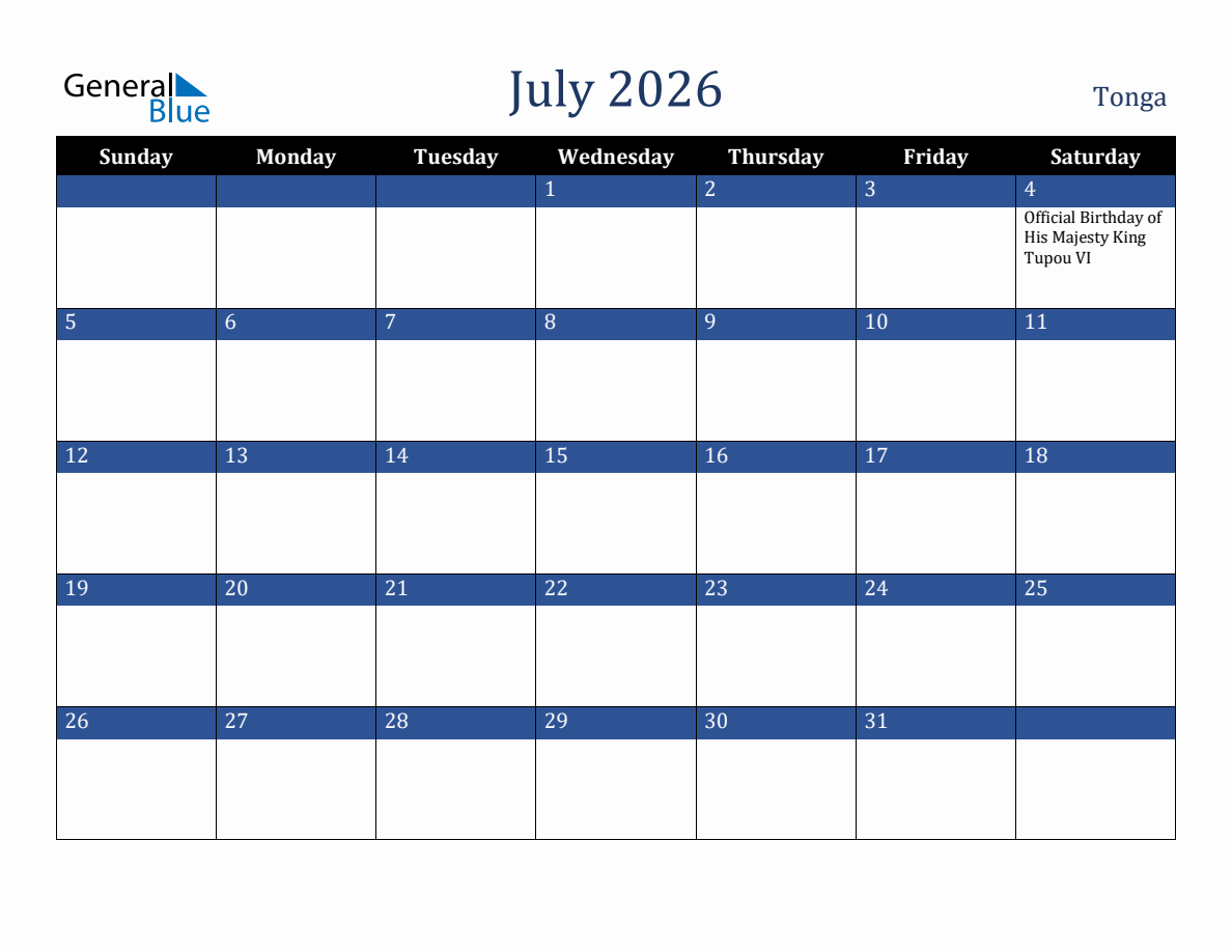 July 2026 Tonga Holiday Calendar