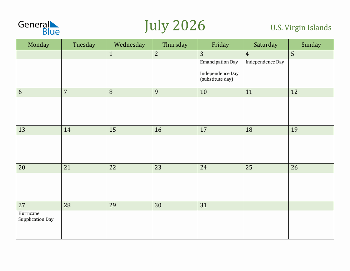Fillable Holiday Calendar for U.S. Virgin Islands - July 2026 (Monday ...