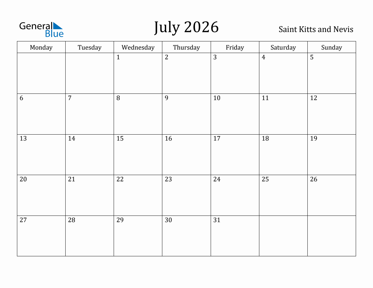 Saint Kitts and Nevis Monthly Calendar - July 2026 (Monday Start)