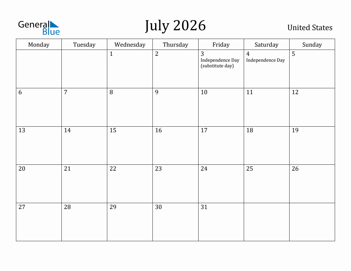 July 2026 Monthly Calendar with United States Holidays (Monday Start)