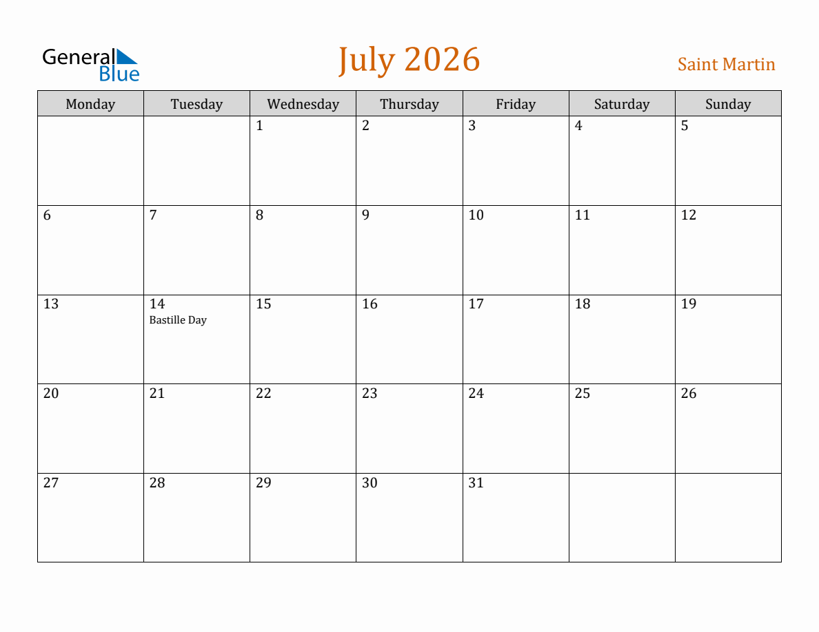 Free July 2026 Saint Martin Calendar (Monday Start)