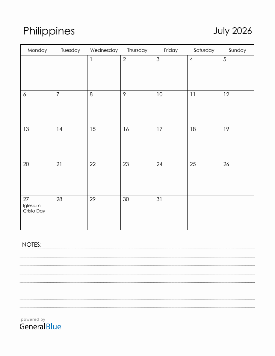 July 2026 Philippines Calendar with Holidays (Monday Start)