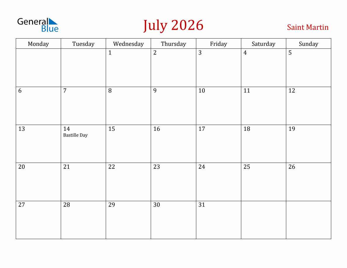July 2026 Saint Martin Monthly Calendar with Holidays (Monday Start)