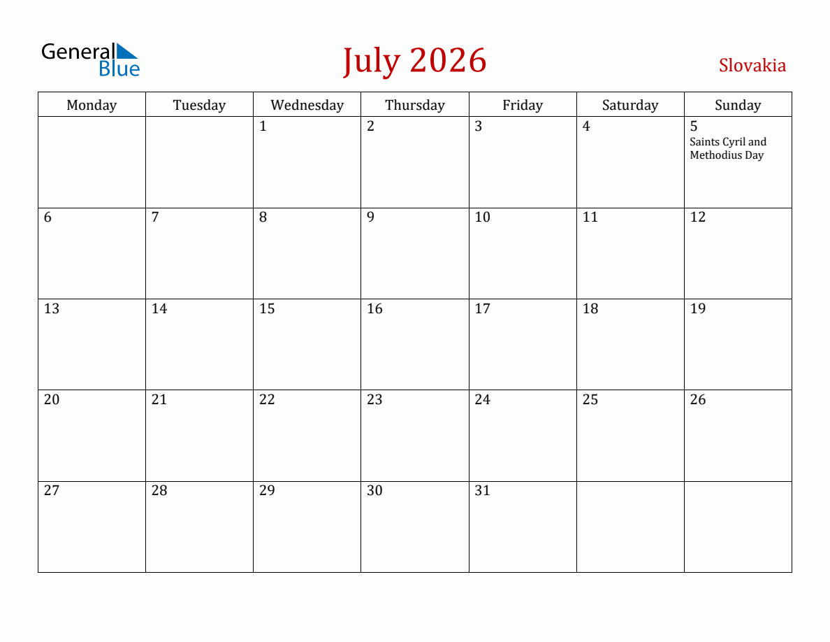 July 2026 Slovakia Monthly Calendar with Holidays (Monday Start)