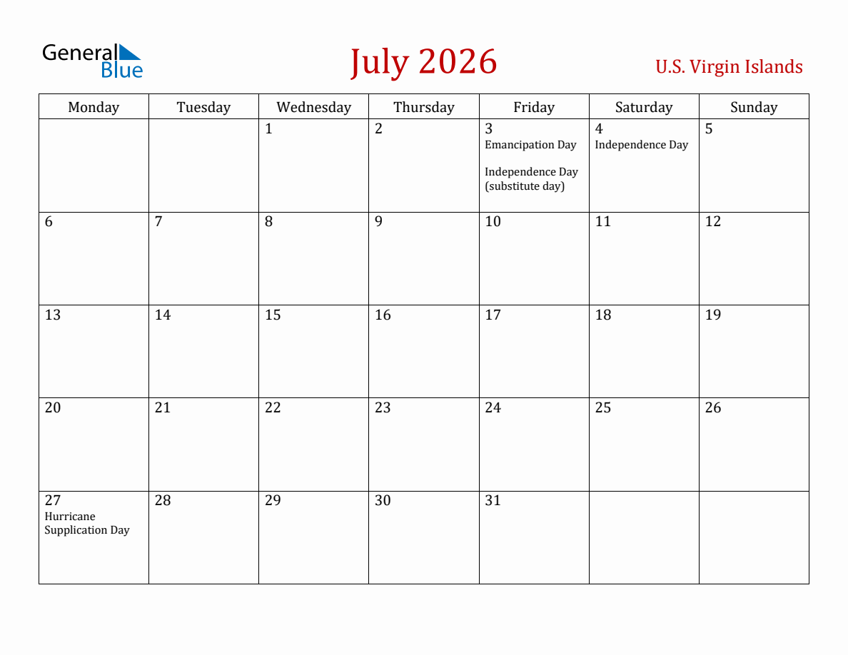 July 2026 U.S. Virgin Islands Monthly Calendar with Holidays (Monday Start)