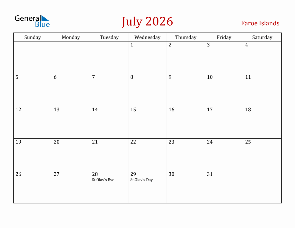 July 2026 Faroe Islands Monthly Calendar with Holidays