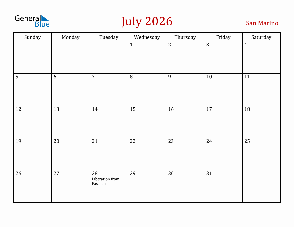 July 2026 San Marino Monthly Calendar with Holidays