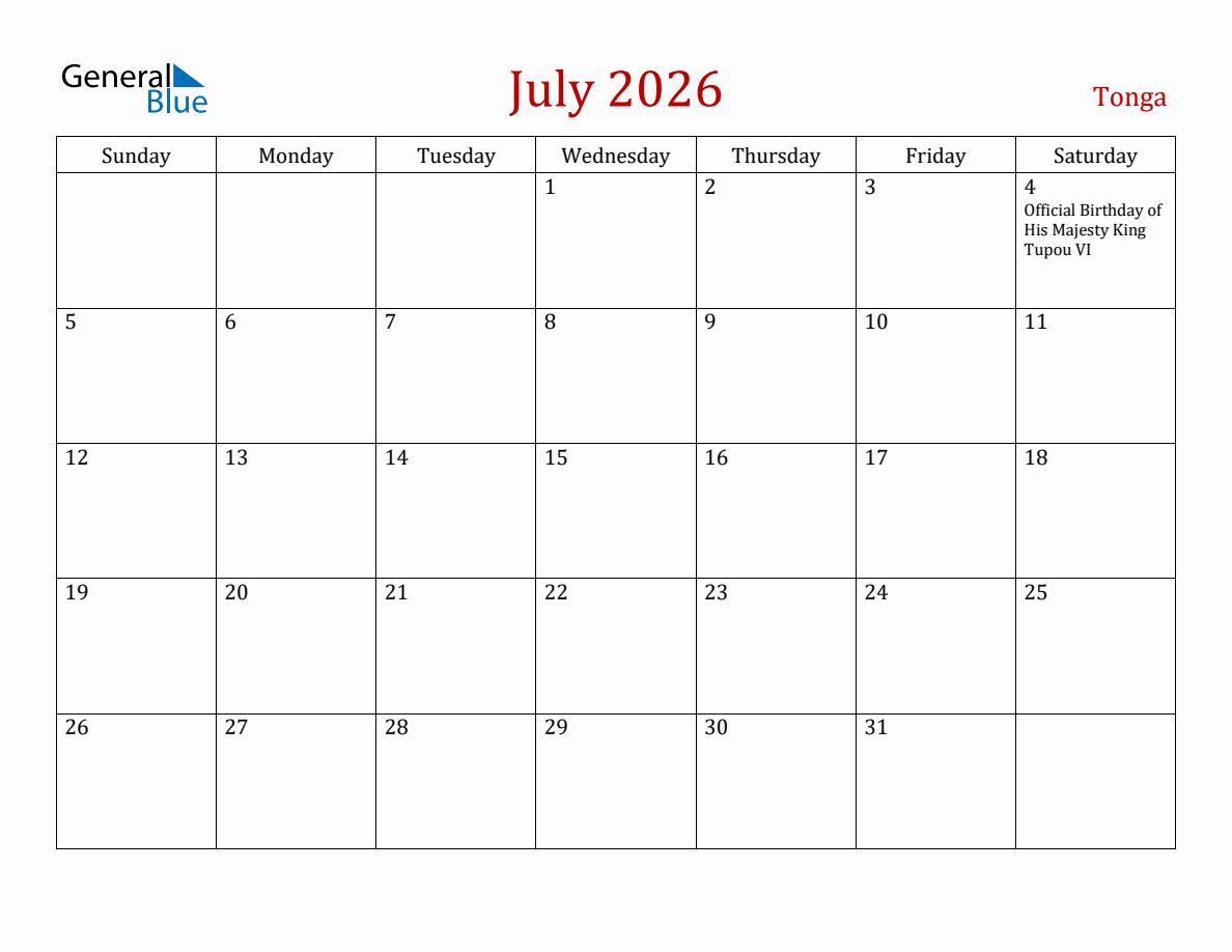 July 2026 Tonga Monthly Calendar with Holidays