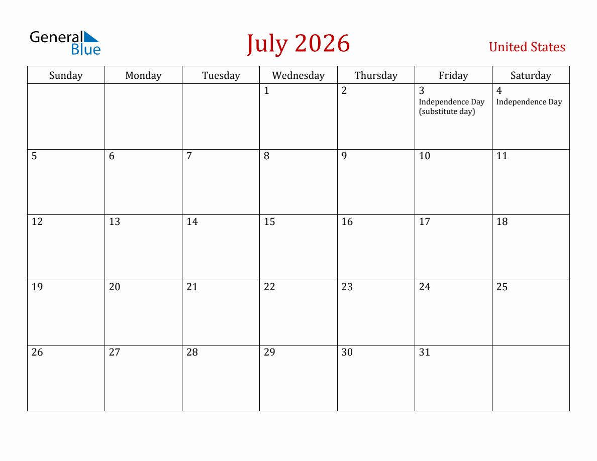 July 2026 United States Monthly Calendar with Holidays