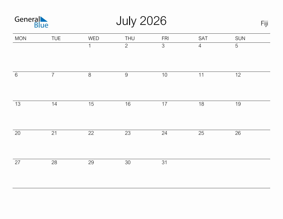 Printable July 2026 Monthly Calendar with Holidays for Fiji (Monday Start)