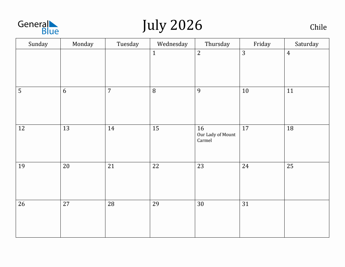 July 2026 Monthly Calendar with Chile Holidays