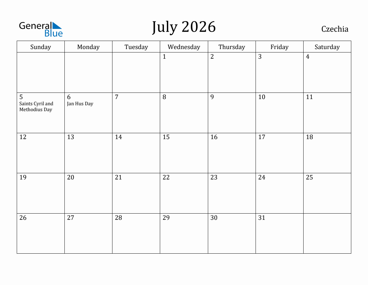 July 2026 Monthly Calendar with Czechia Holidays