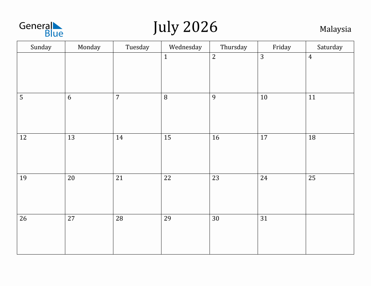 July 2026 Monthly Calendar with Malaysia Holidays