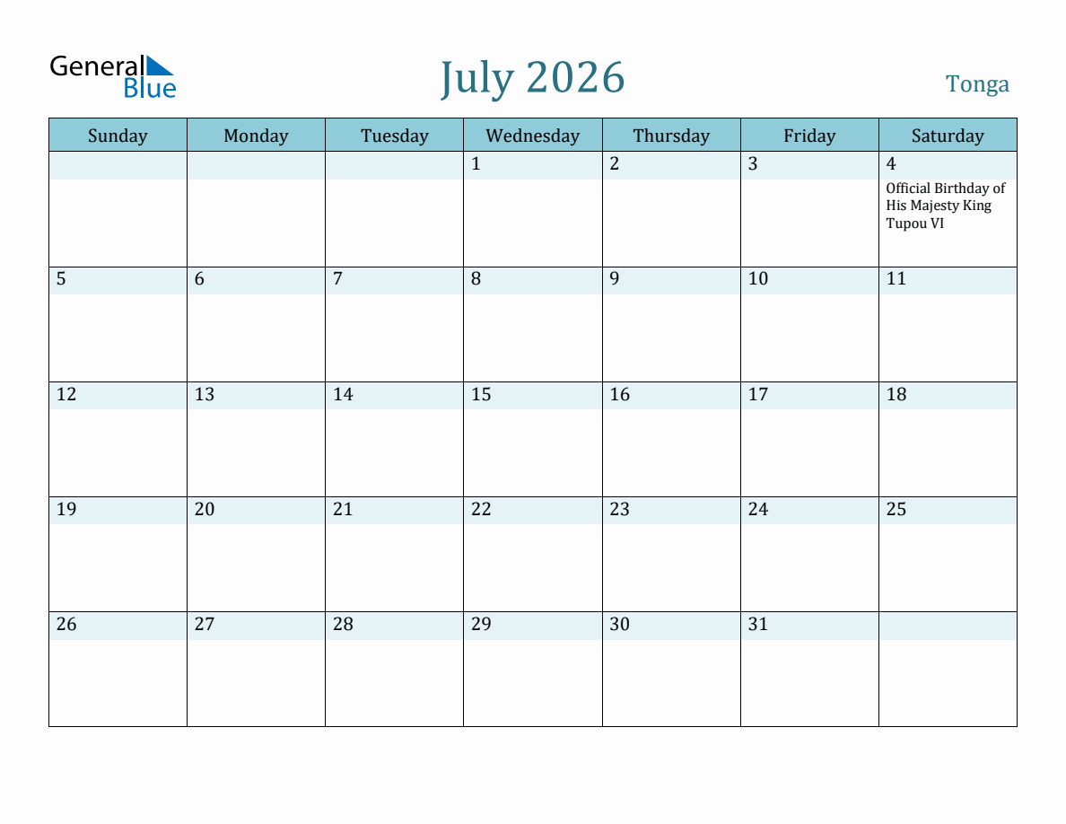 Tonga Holiday Calendar for July 2026