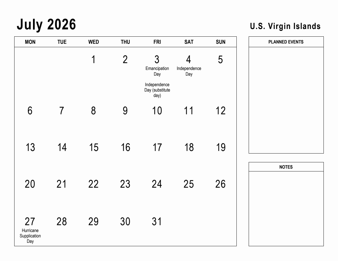 July 2026 Planner with U.S. Virgin Islands Holidays (Monday Start)