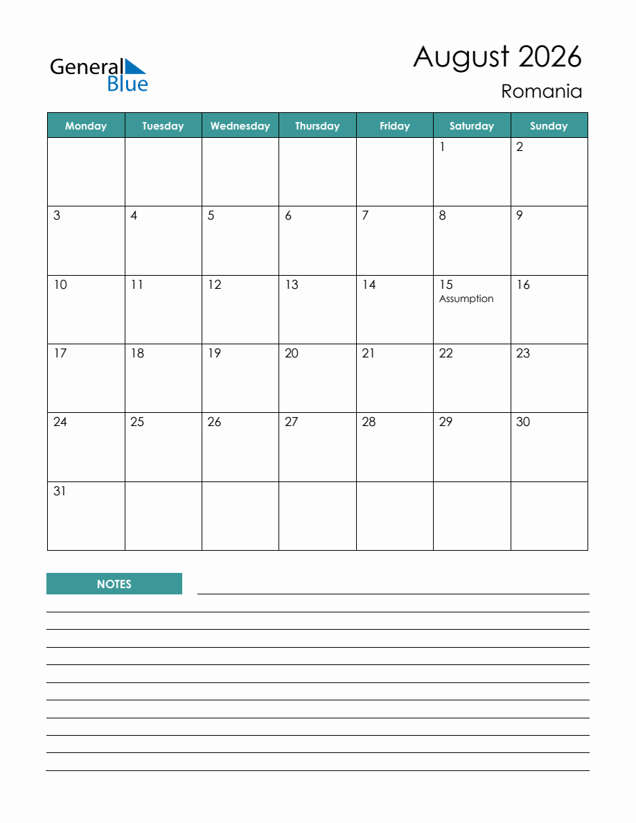 Monthly Planner with Romania Holidays - August 2026