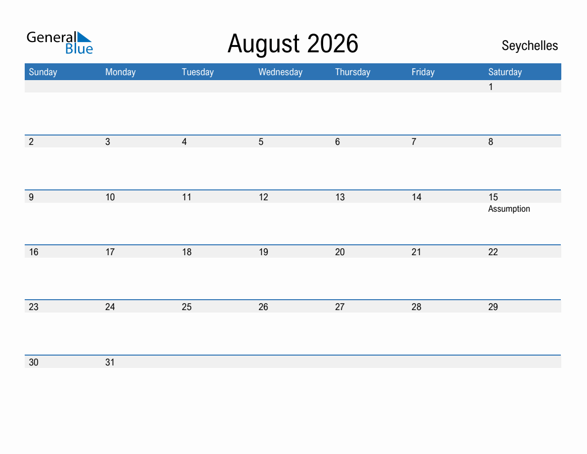 Editable August 2026 Calendar with Seychelles Holidays