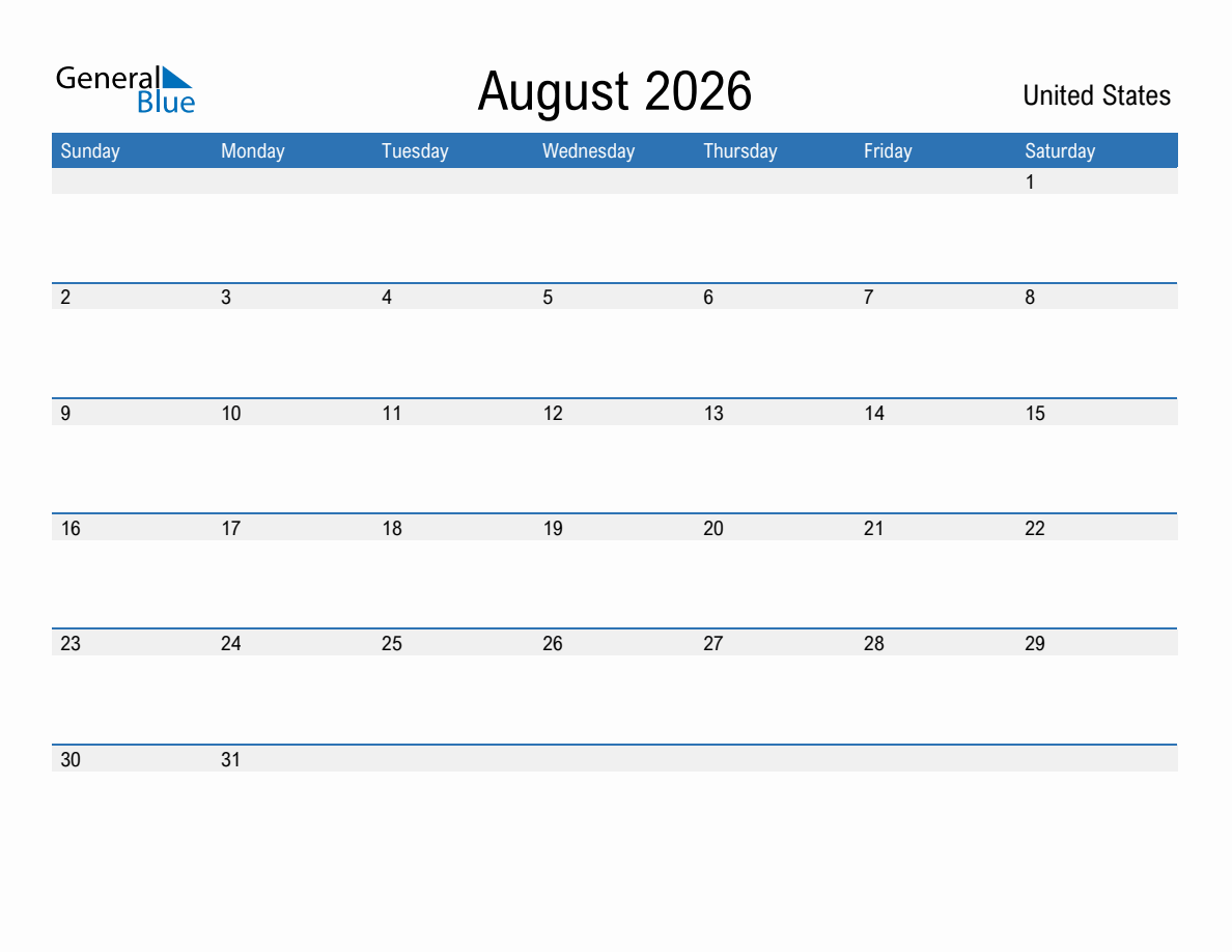 August 2026 Monthly Calendars with United States Holidays
