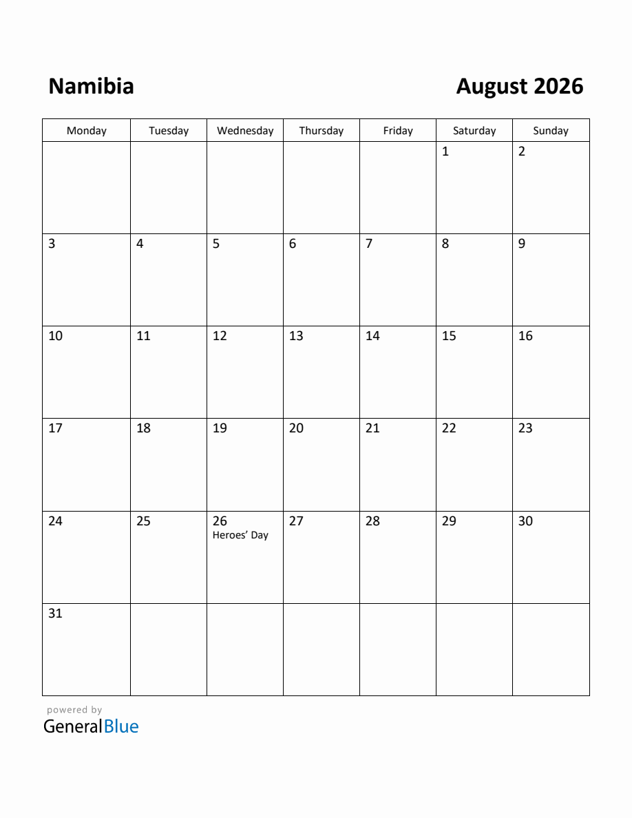 Free Printable August 2026 Calendar for Namibia (Monday Start)
