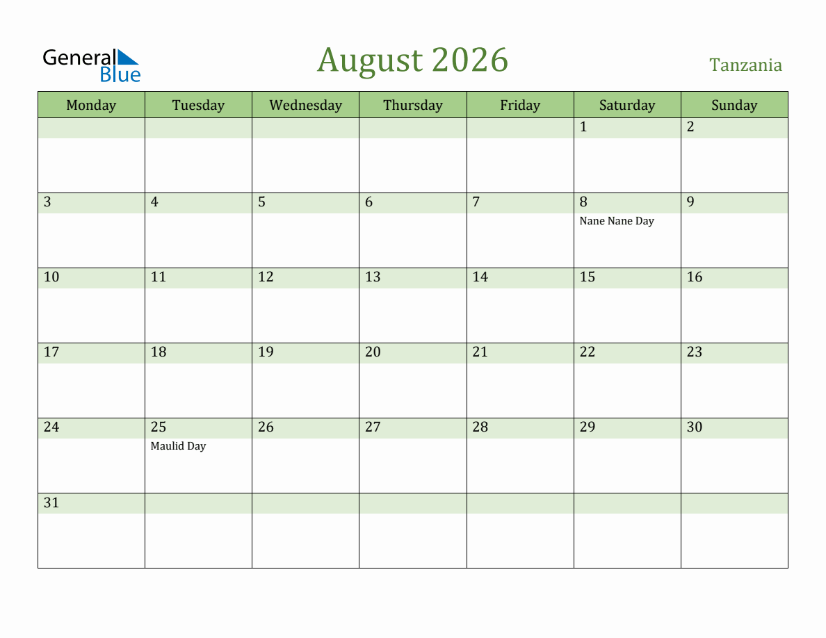 Fillable Holiday Calendar for Tanzania - August 2026