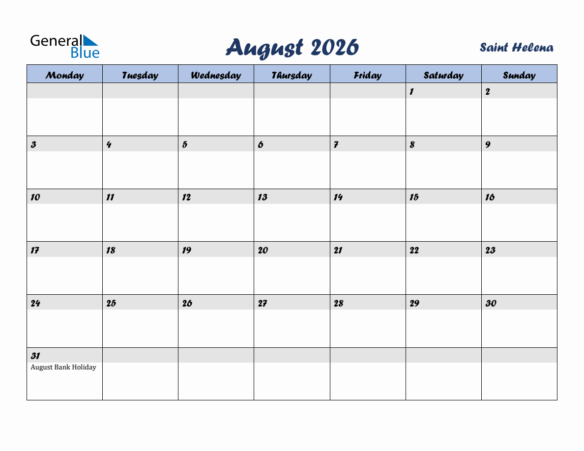 August 2026 Monthly Calendar Template with Holidays for Saint Helena