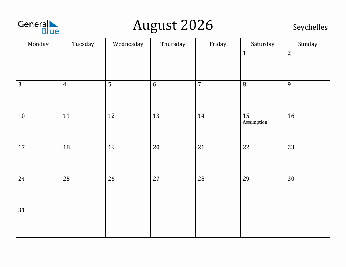 Seychelles Monthly Calendar - August 2026 (Monday Start)