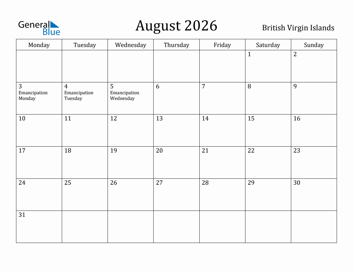 British Virgin Islands Monthly Calendar - August 2026 (Monday Start)