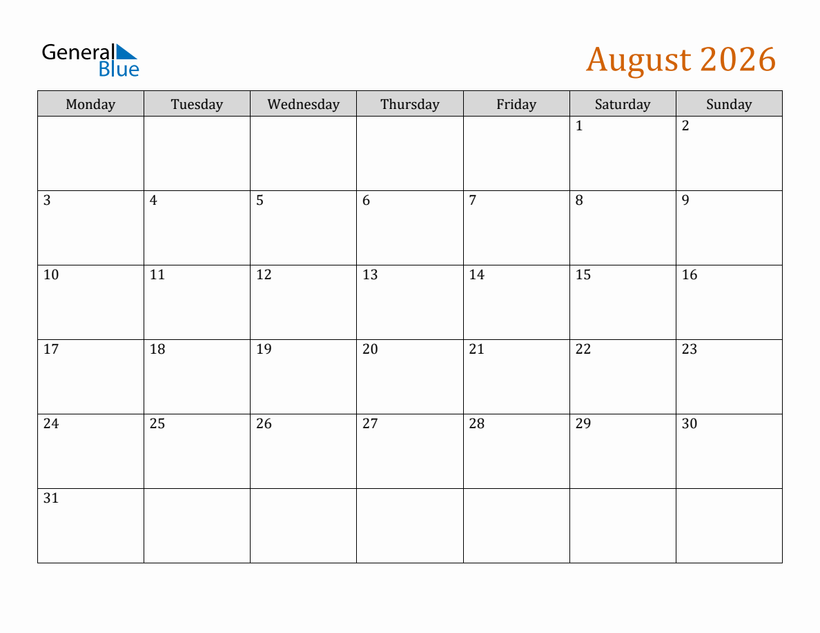 August 2026 Generic Monthly Calendar - Monday Start