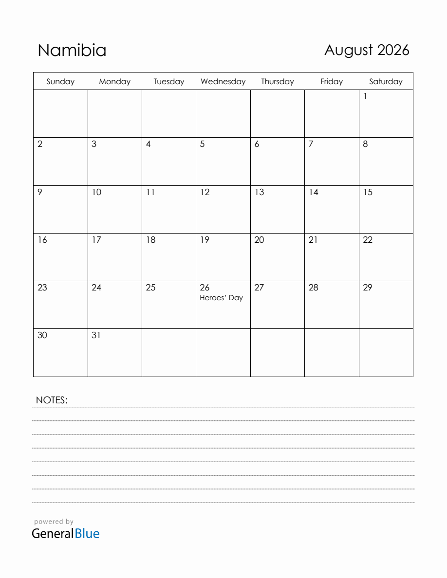 August 2026 Namibia Calendar with Holidays