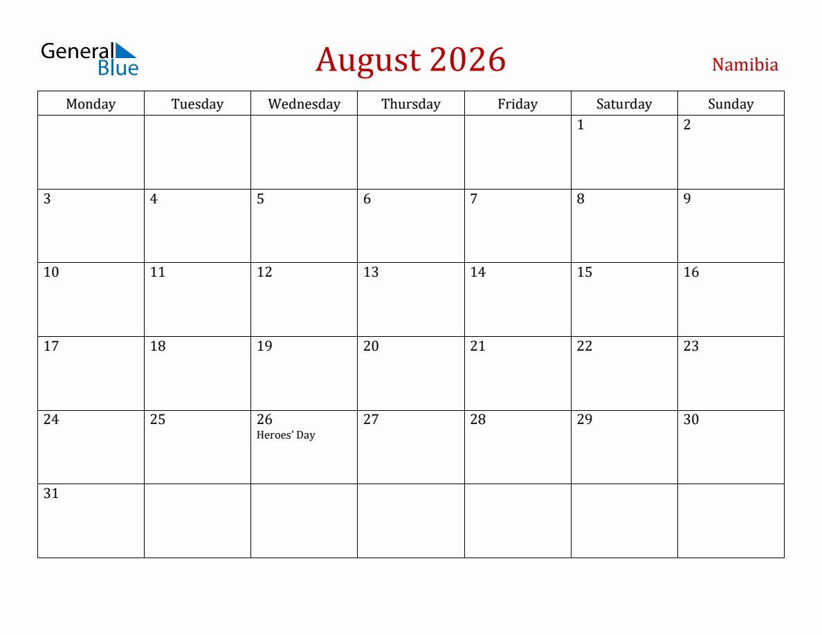 August 2026 Namibia Monthly Calendar with Holidays (Monday Start)