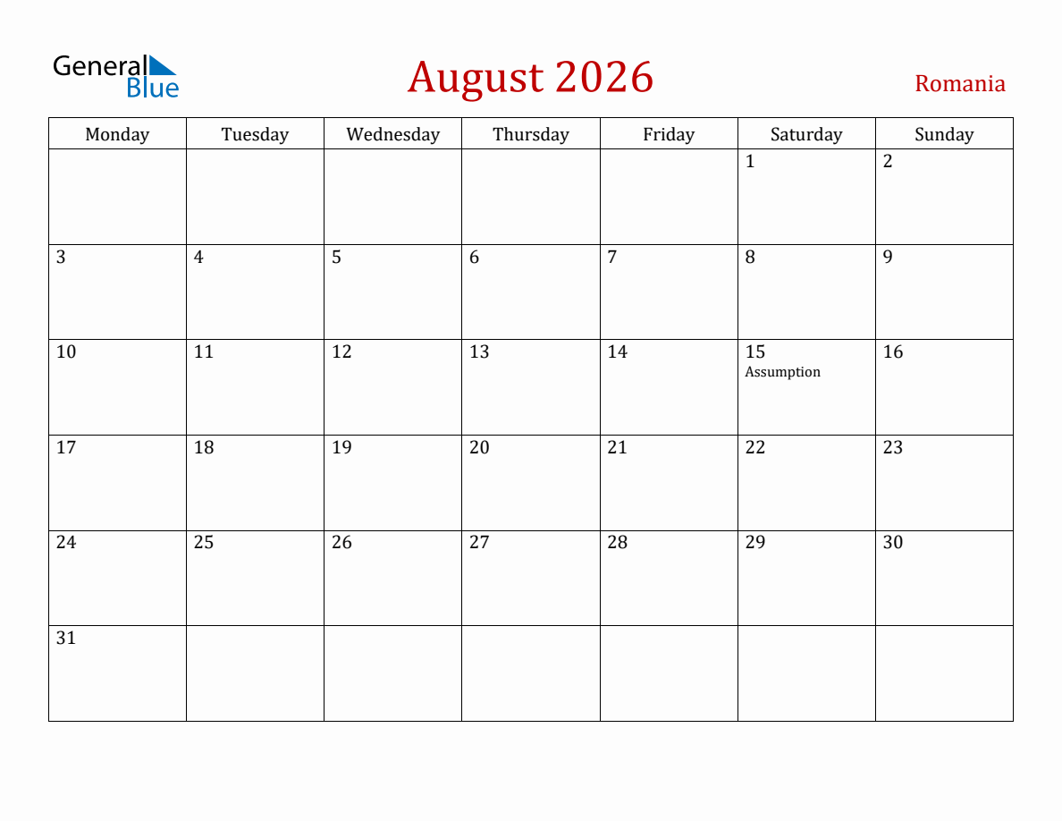 August 2026 Romania Monthly Calendar with Holidays