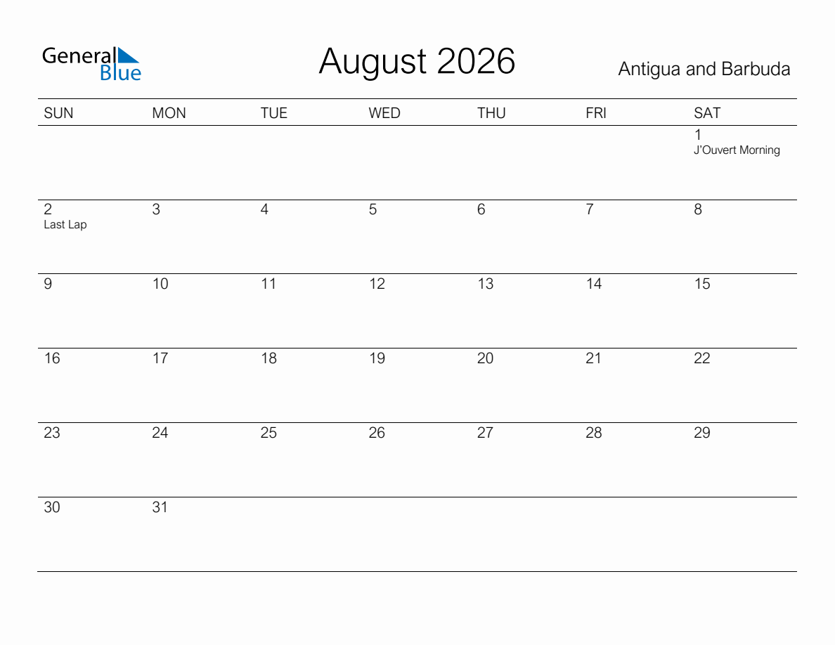 Printable August 2026 Monthly Calendar with Holidays for Antigua and ...