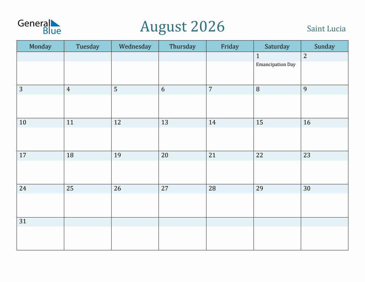 Saint Lucia Holiday Calendar for August 2026 (Monday Start)