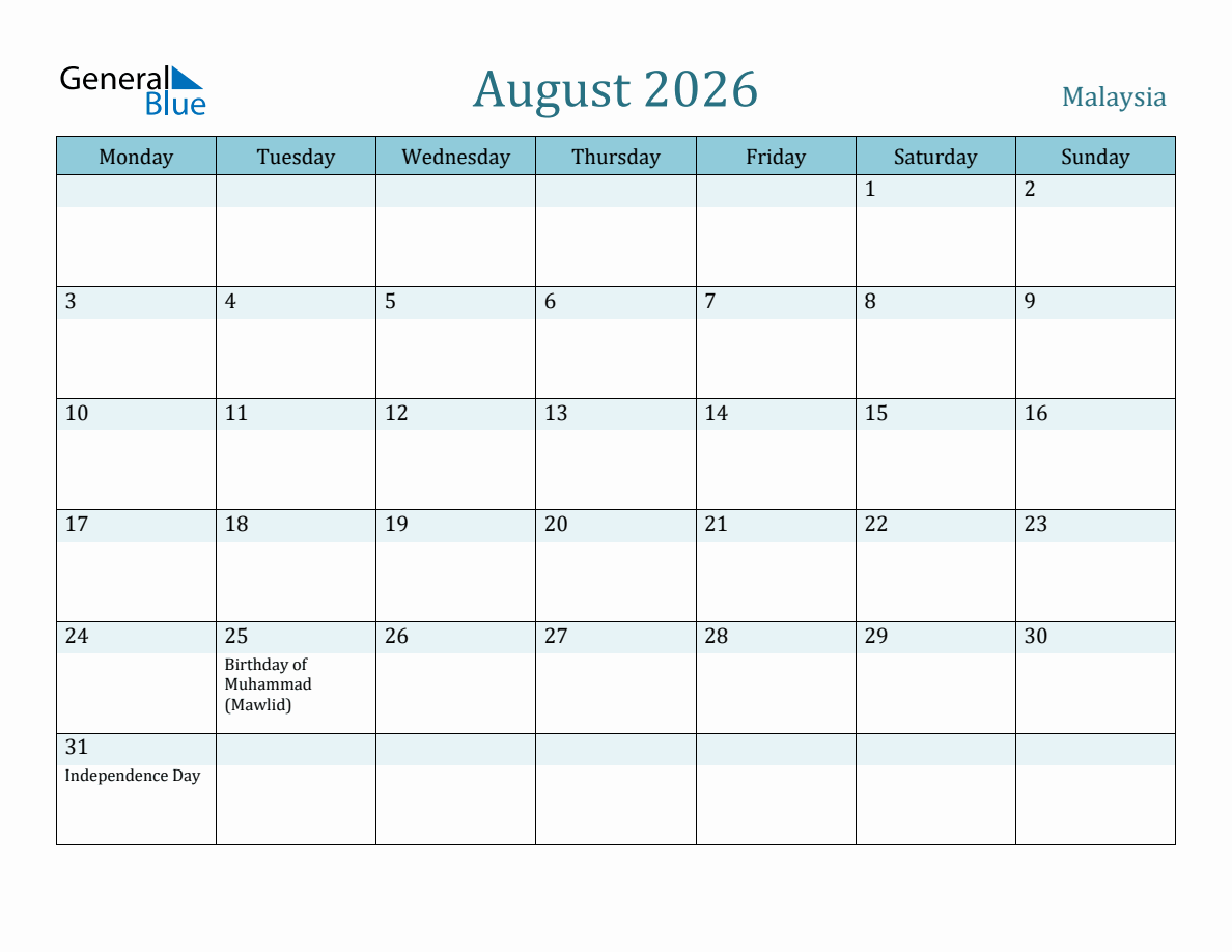 Malaysia Holiday Calendar for August 2026 (Monday Start)