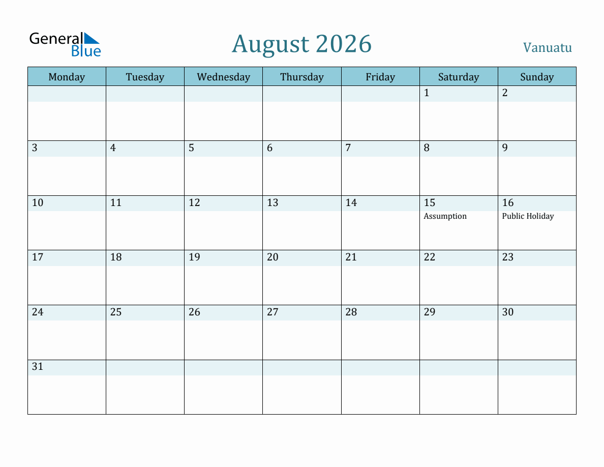 Vanuatu Holiday Calendar for August 2026 (Monday Start)