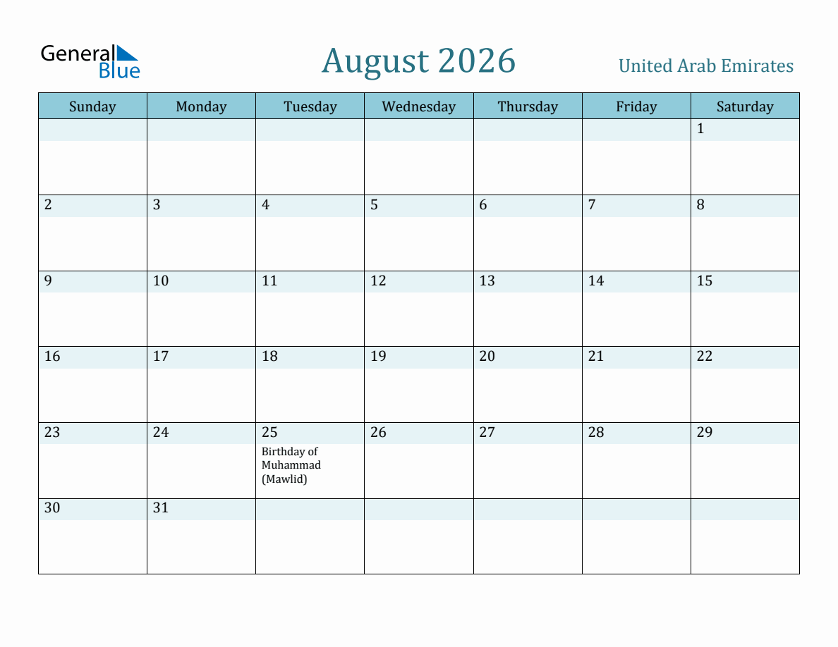 United Arab Emirates Holiday Calendar for August 2026