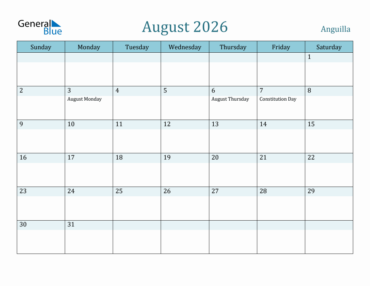 Anguilla Holiday Calendar for August 2026