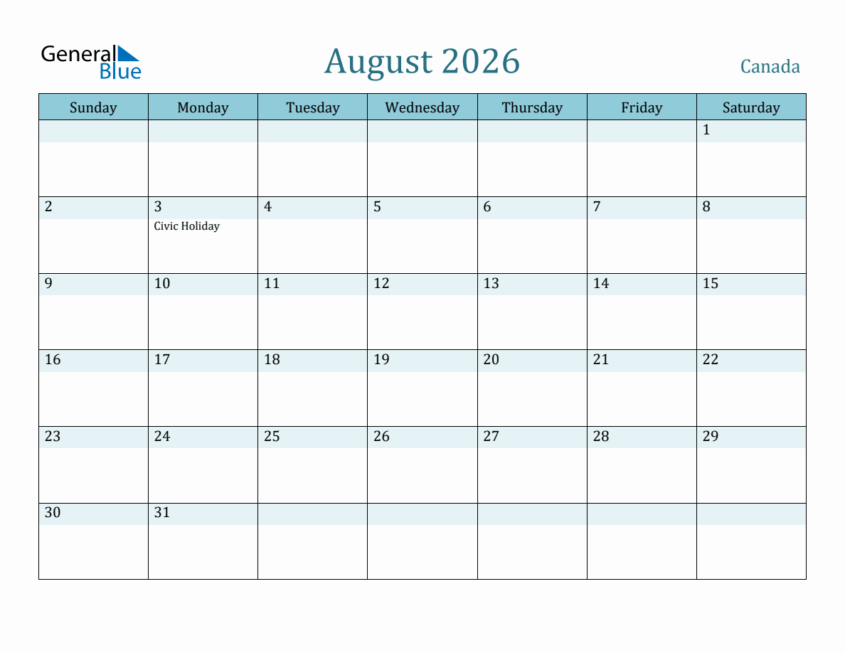 Canada Holiday Calendar for August 2026