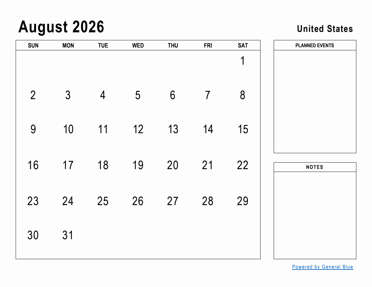 August 2026 Planner with United States Holidays