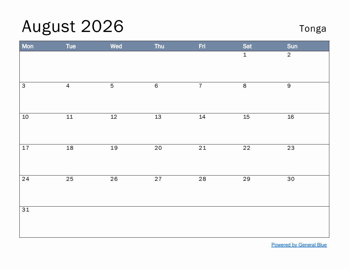 Free Monthly Calendar Template for August 2026 with Tonga Holidays ...
