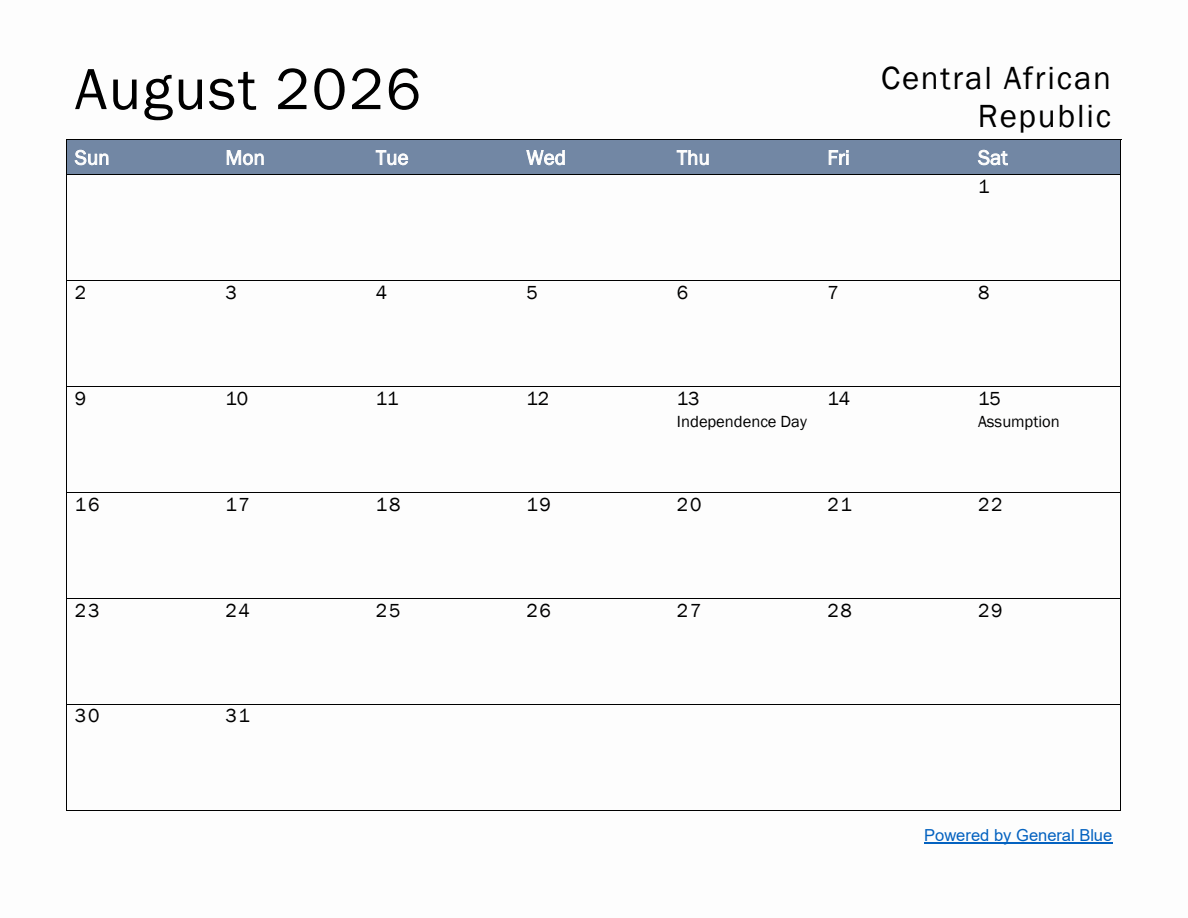 Free Monthly Calendar Template for August 2026 with Central African ...