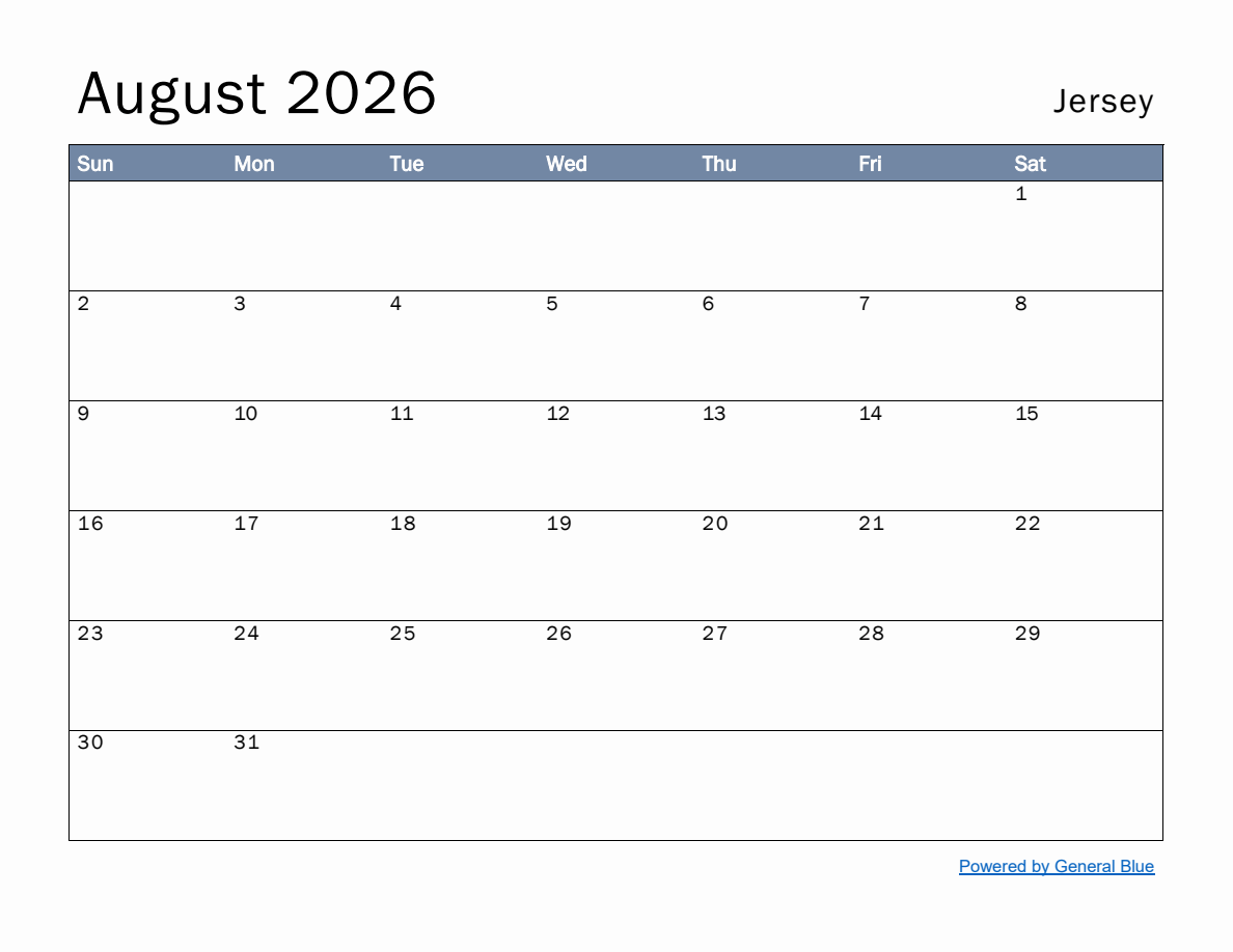 Free Monthly Calendar Template for August 2026 with Jersey Holidays
