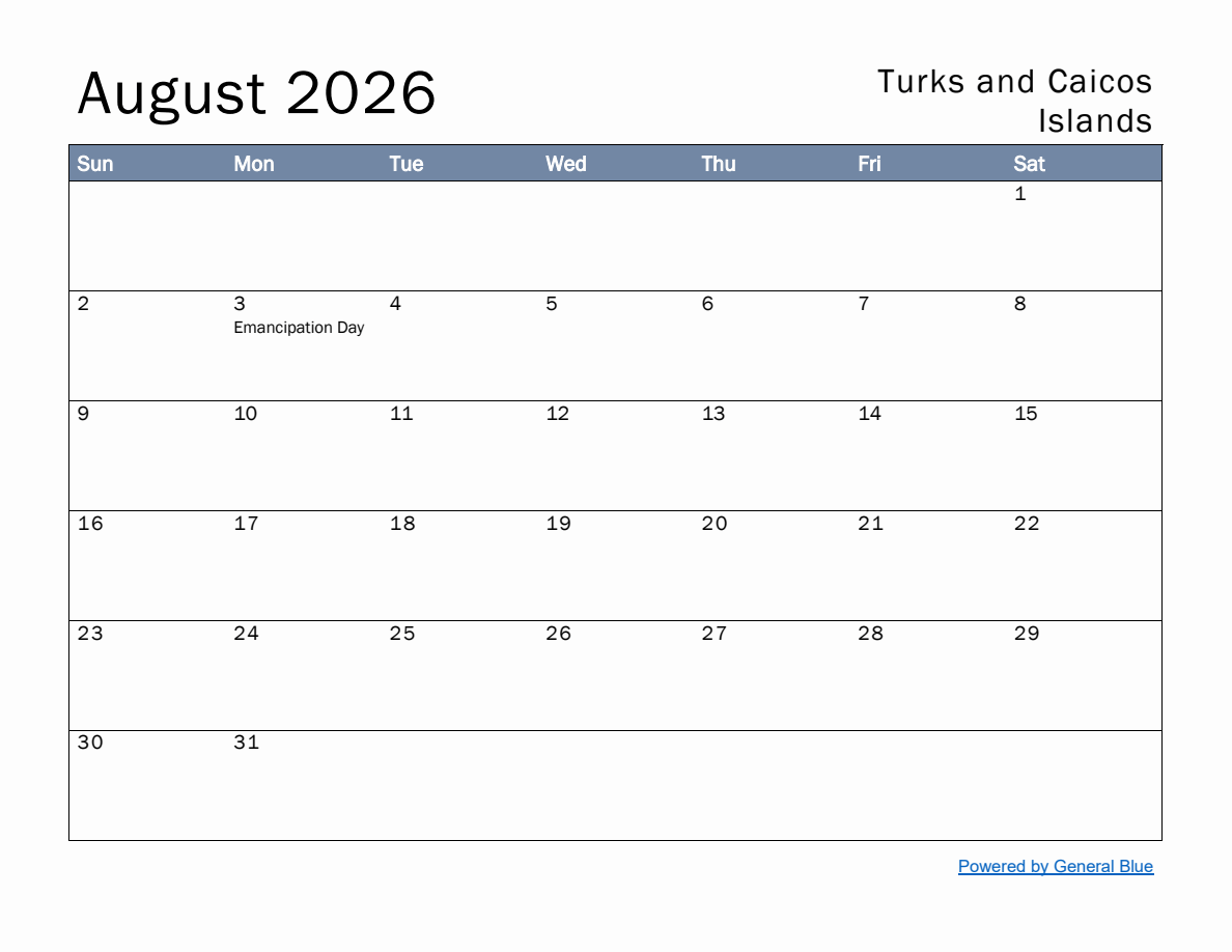 Free Monthly Calendar Template for August 2026 with Turks and Caicos ...